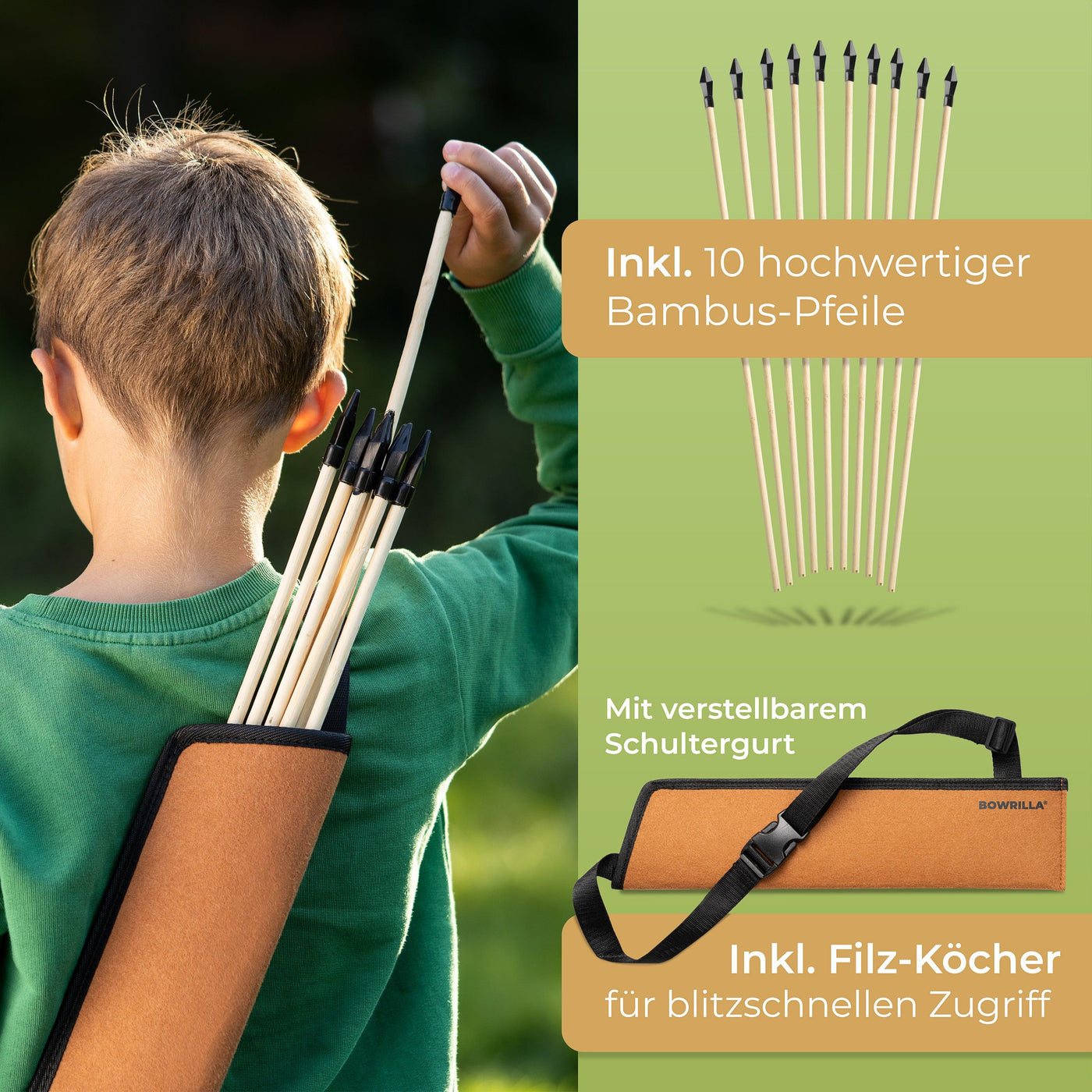 BOWRILLA Pfeil und Bogen Holzbogen Set mit 10 Pfeilen, Köcher, 3 ...